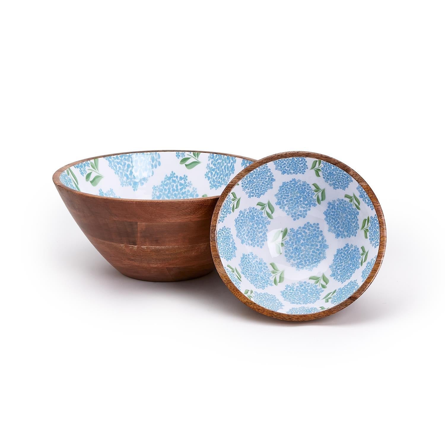 Two's Company Hydrangea Set of 2 Hand-Crafted Wood Bowl - Mango Wood/F