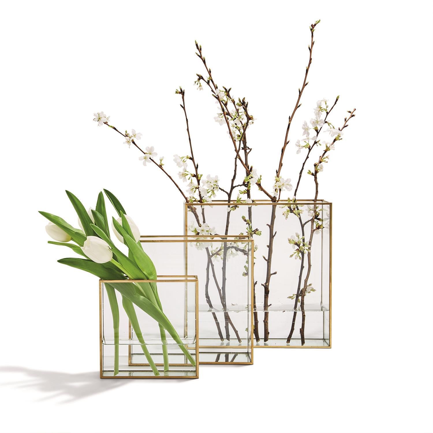 Two's Company Windows Square Vases with Gold Metal Trim (set of 3)