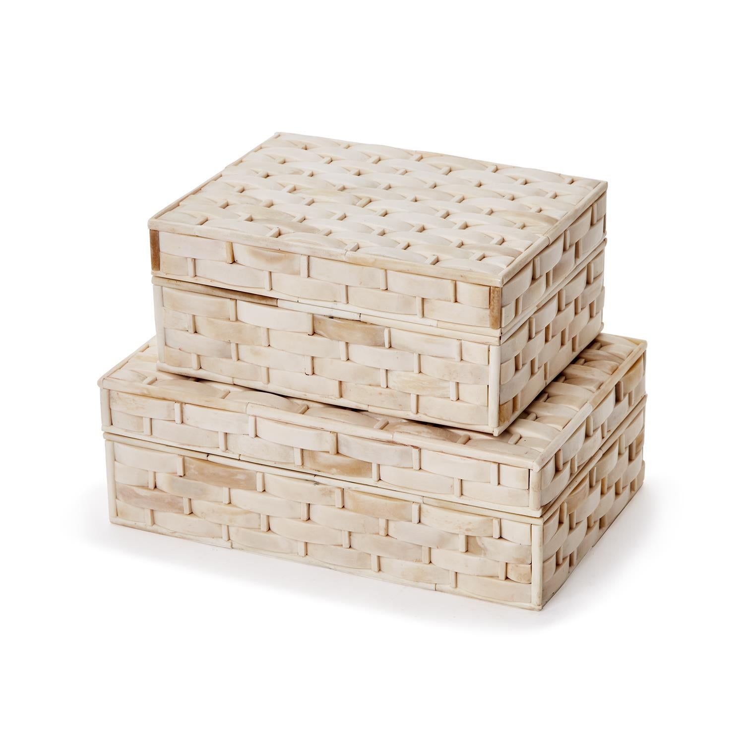 Two's Company Basketweave Set of 2 Hinged Bone Boxes - Bone/Mango Wood